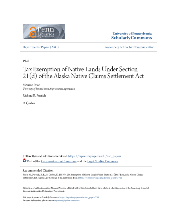 (PDF) Tax Exemption of Native Lands Under Section 21(d) of the Alaska ...