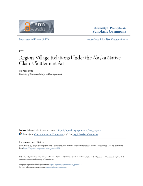 (PDF) Region-Village Relations Under the Alaska Native Claims ...