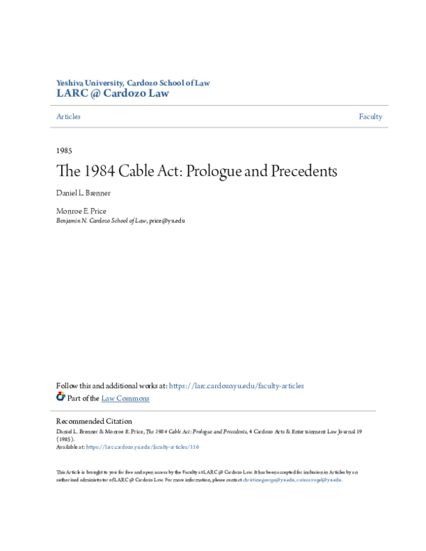 (PDF) 1984 Cable Act: Prologue and Precedents, The