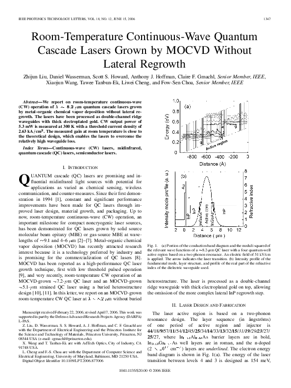 (PDF) Room-temperature continuous-wave quantum cascade lasers grown by MOCVD without lateral ...