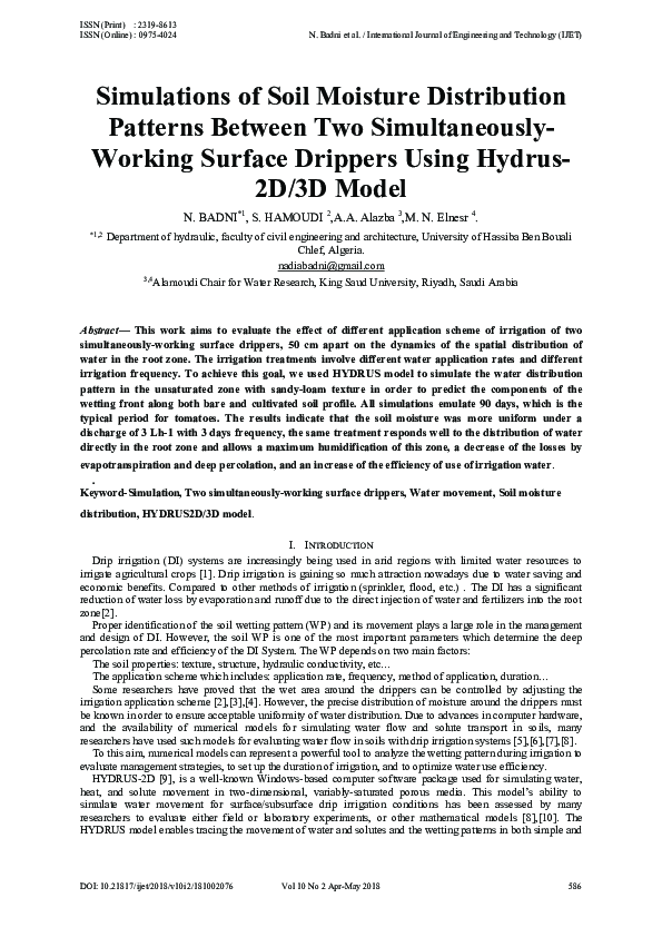 (PDF) Simulations of Soil Moisture Distribution Patterns Between Two Simultaneously-Working ...