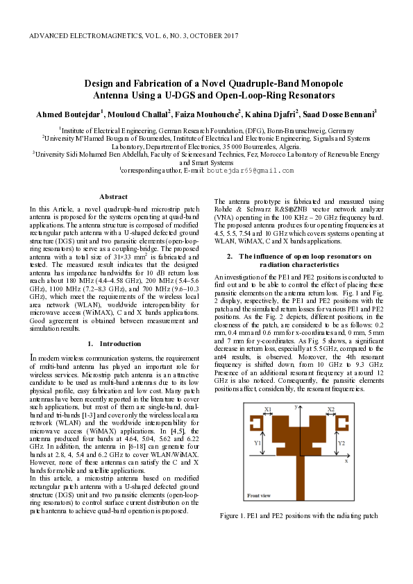 (PDF) Design and Fabrication of a Novel Quadruple-Band Monopole Antenna Using a U-DGS and Open ...