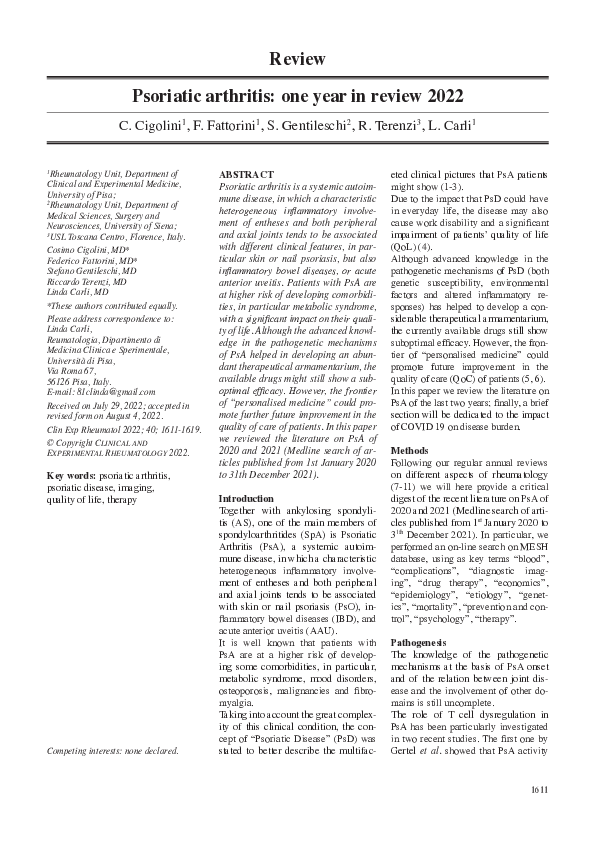 (PDF) Psoriatic arthritis: one year in review 2022 | Linda Carli ...