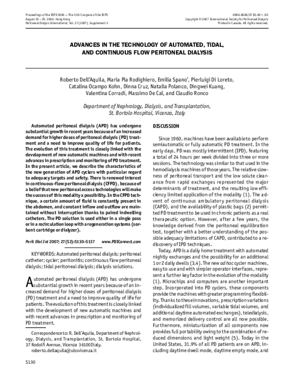(PDF) Advances in the Technology of Automated, Tidal, and Continuous Flow Peritoneal Dialysis