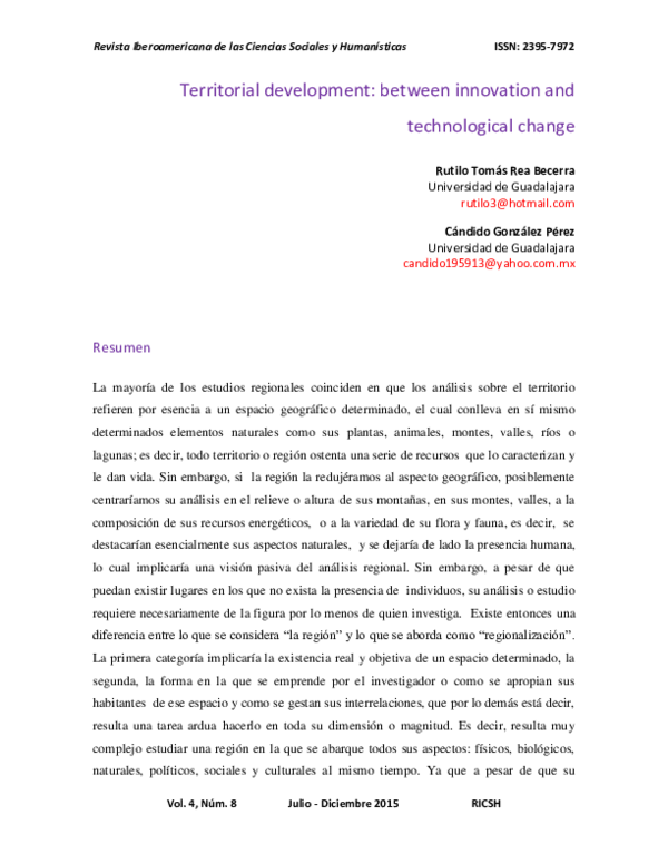 (PDF) Territorial development: between innovation and technological change