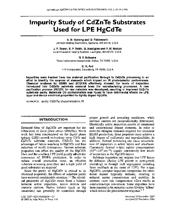 (PDF) Impurity study of CdZnTe substrates used for LPE HgCdTe