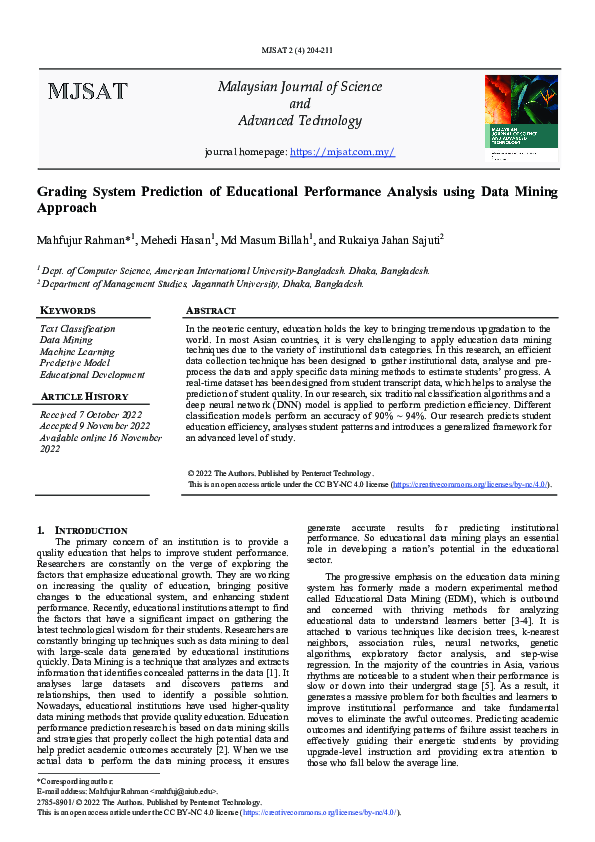 (PDF) Grading System Prediction of Educational Performance Analysis using Data Mining Approach