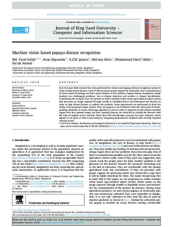 (PDF) Machine vision based papaya disease recognition | Anup Majumder ... (PDF) Machine vision based papaya disease recognition | Anup Majumder ...