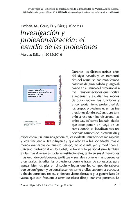 (PDF) Investigación yprofesionalización: elestudio de las profesiones