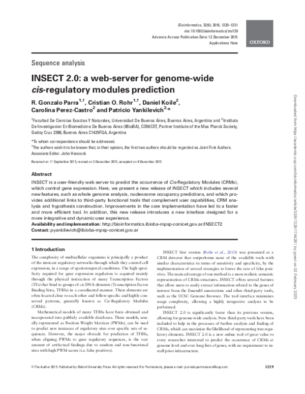 Pdf Insect 2 0 A Web Server For Genome Wide Cis Regulatory Modules