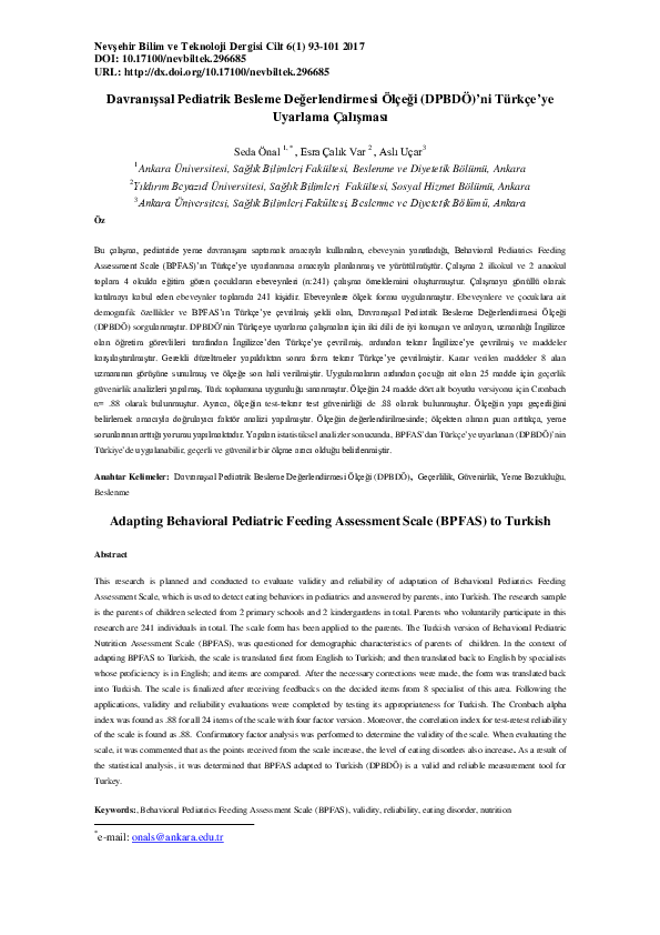 (PDF) Adapting behavioral pediatric feeding assessment scale (bpfas) to Turkish | seda önal ...