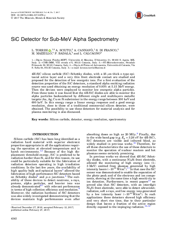(PDF) SiC Detector for Sub-MeV Alpha Spectrometry | Lorenzo Torrisi ...