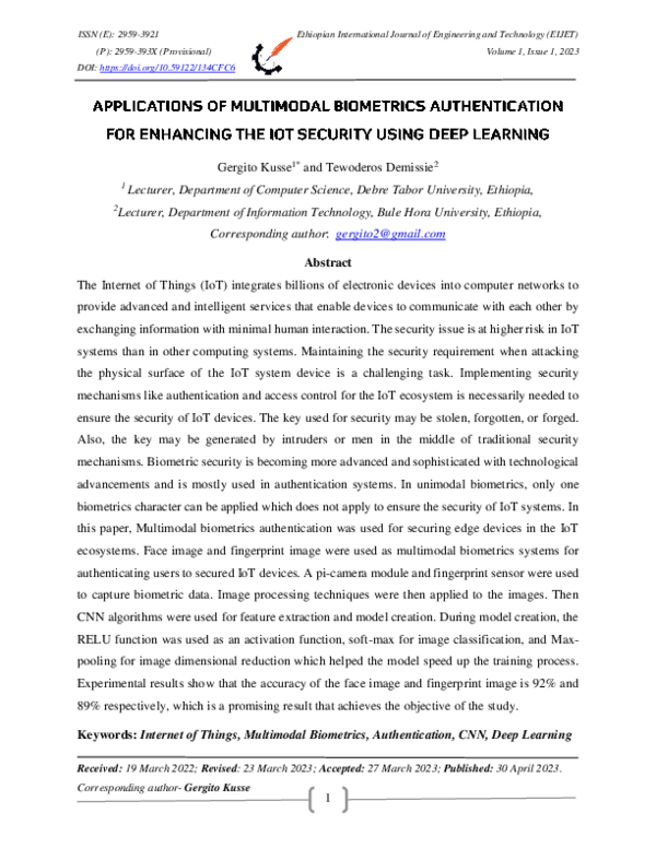 (PDF) Applications of Multimodal Biometrics Authentication for Enhancing the Iot Security Using ...