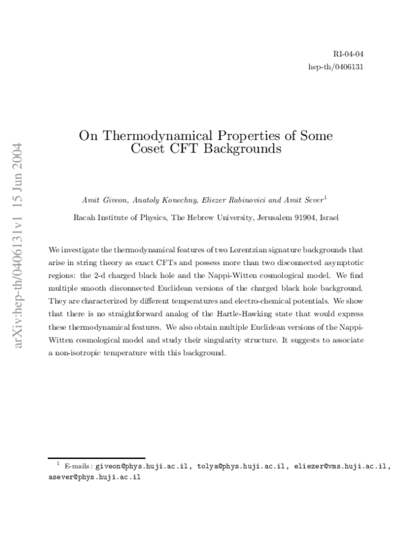 (PDF) On Thermodynamical Properties of Some Coset CFT Backgrounds