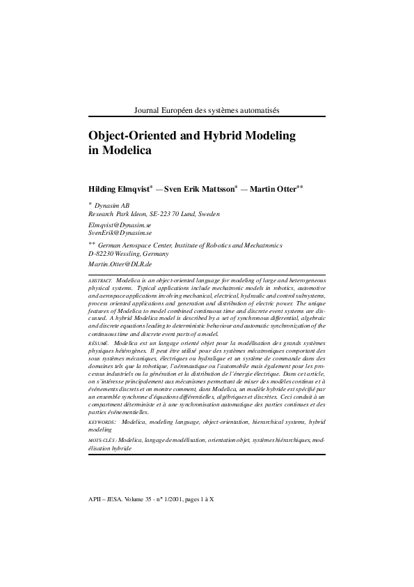 (PDF) Object-oriented and hybrid modeling in modelica