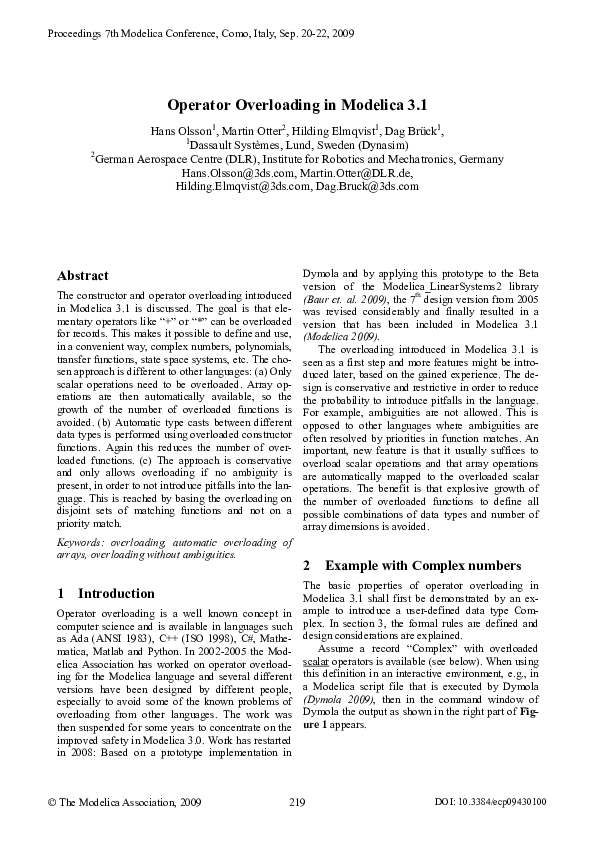 (PDF) Operator Overloading in Modelica 3.1