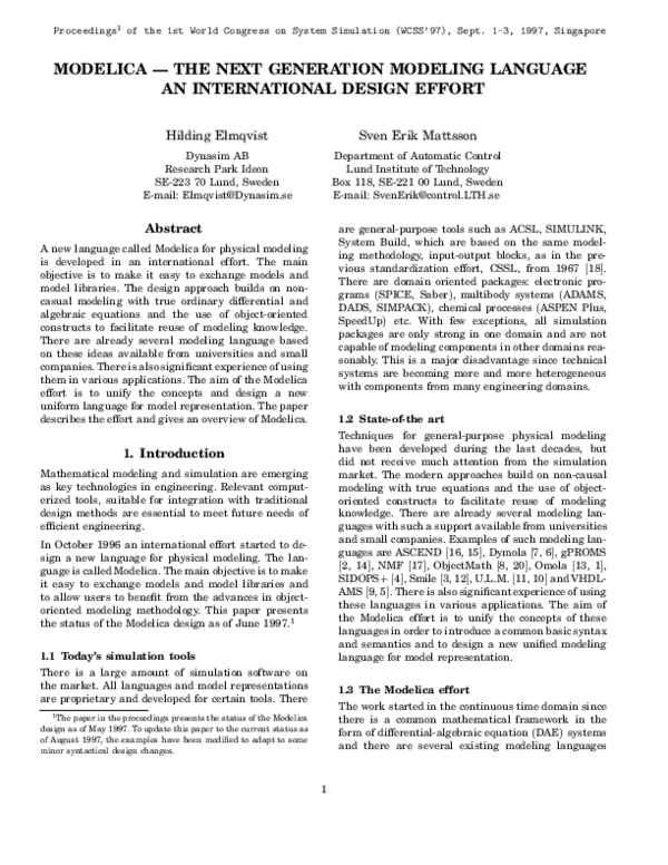 Pdf Modelica The Next Generation Modeling Language An International