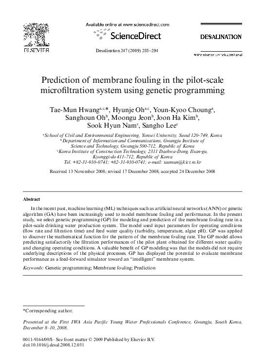 (PDF) Prediction of membrane fouling in the pilot-scale microfiltration system using genetic ...