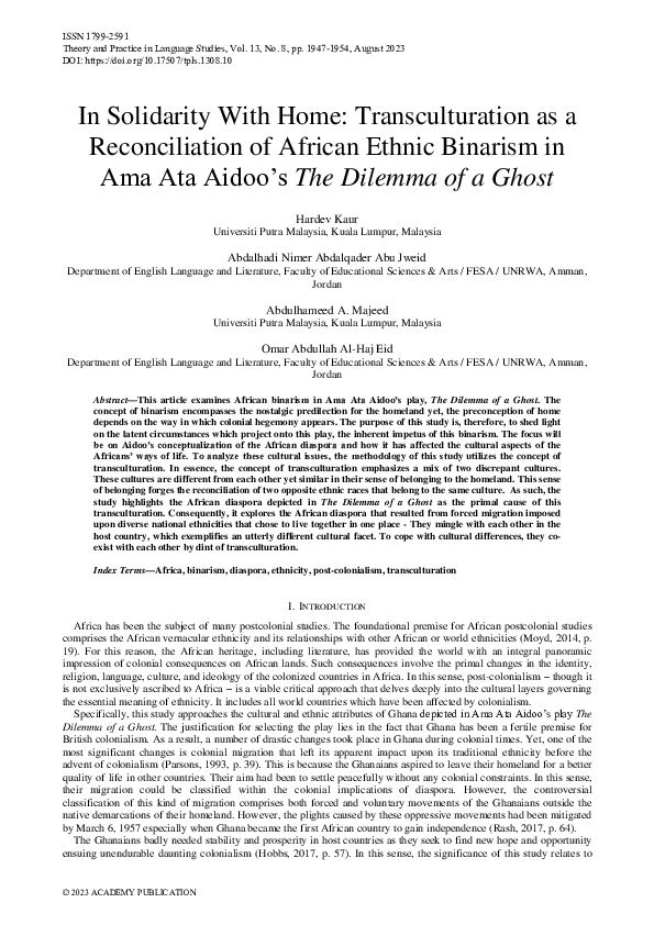 (PDF) In Solidarity With Home: Transculturation as a Reconciliation of ...