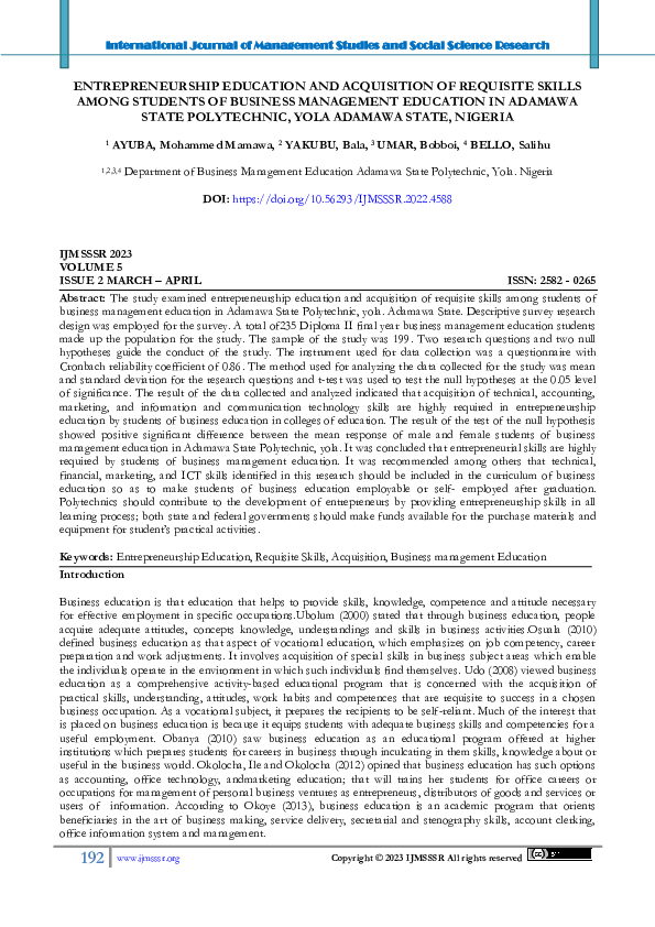 (PDF) Entrepreneurship Education and Acquisition of Requisite Skills ...