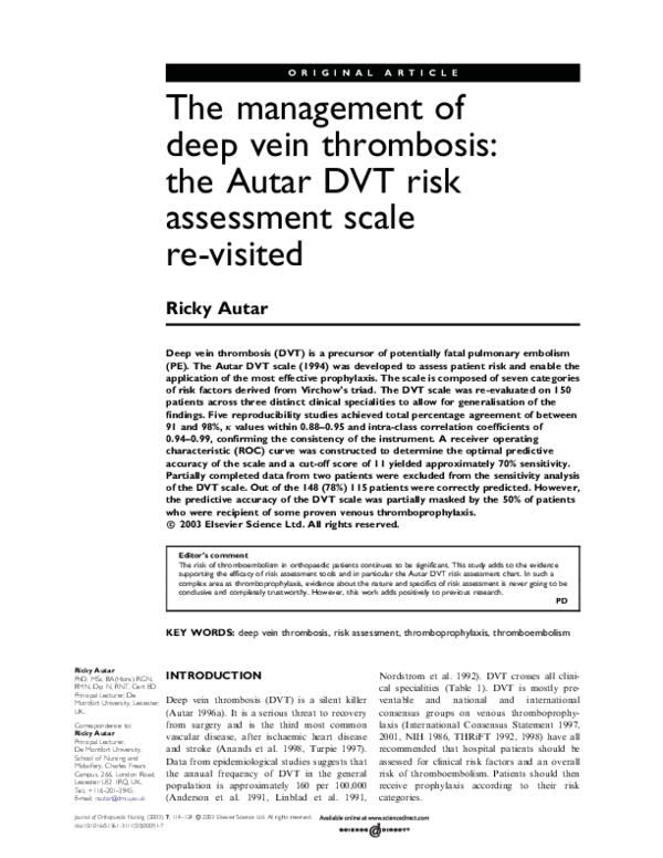 (PDF) The management of deep vein thrombosis: the Autar DVT risk ...