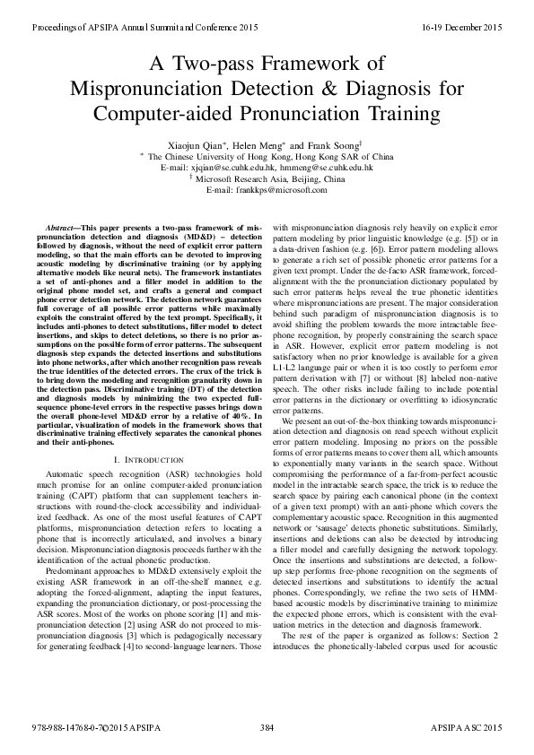 (PDF) A Two-Pass Framework of Mispronunciation Detection and Diagnosis for Computer-Aided ...