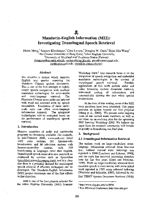 (PDF) Mandarin–English Information (MEI): investigating translingual speech retrieval | Helen ...