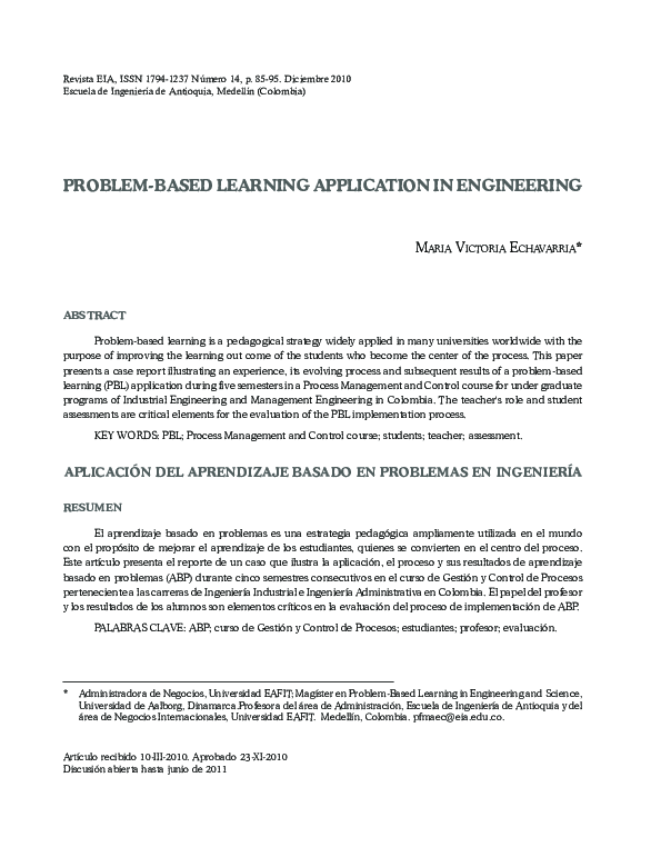 (PDF) Problem-Based Learning Application in Engineering (Aplicación Del Aprendizaje Basado en ...