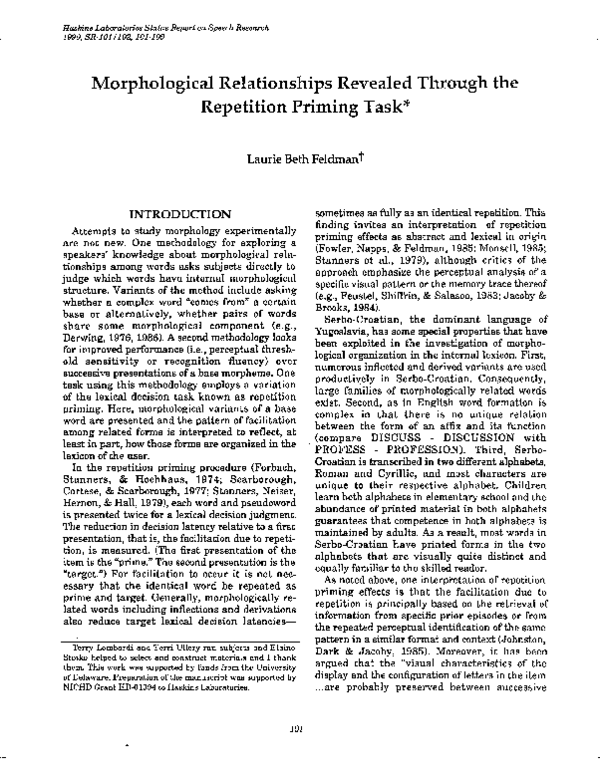 (PDF) Morphological relationship revealed through the repetition priming task | Laurie Feldman ...