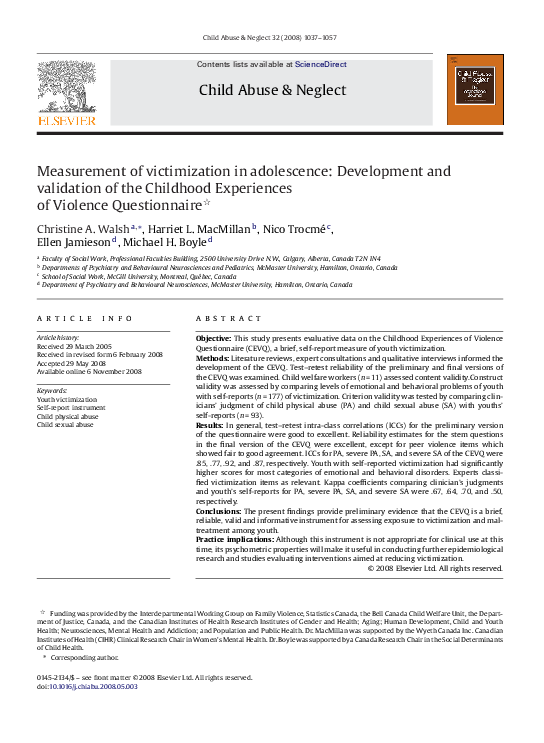 (PDF) Measurement of victimization in adolescence: Development and validation of the Childhood ...