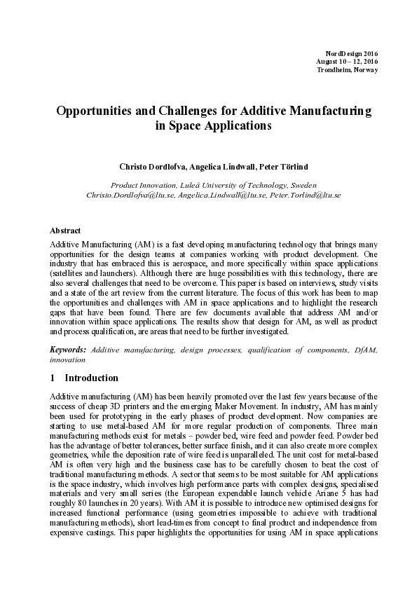(PDF) Opportunities and Challenges for Additive Manufacturing in Space ...
