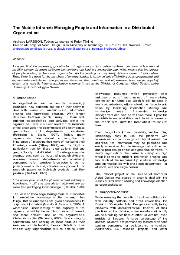 (PDF) The Mobile intranet: managing people and information in a ...