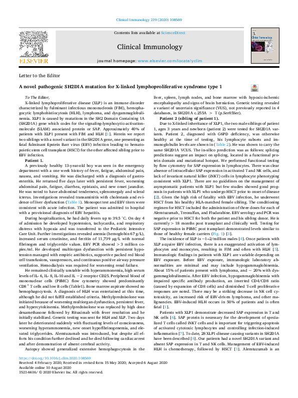 (PDF) A novel pathogenic SH2D1A mutation for X-linked ...