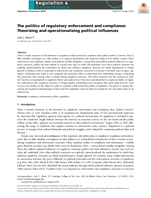 (PDF) The politics of regulatory enforcement and compliance: Theorizing ...