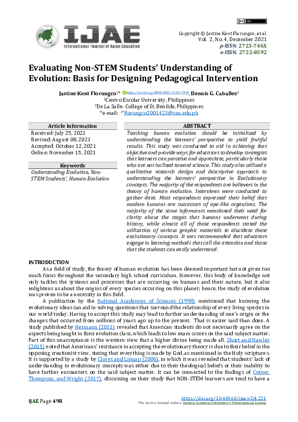 (PDF) Evaluating Non-STEM Students’ understanding of Evolution: Basis ...