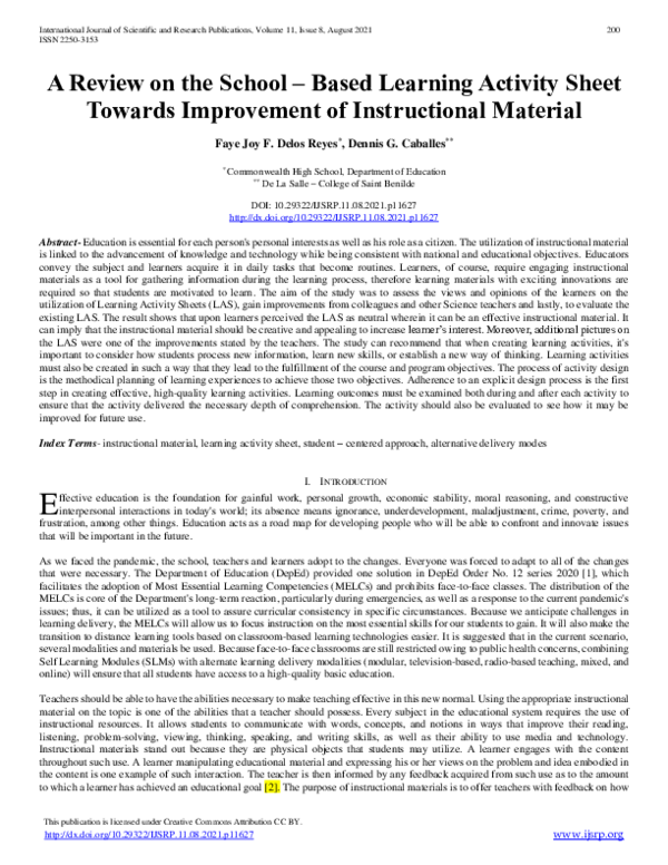 (PDF) A Review on the School – Based Learning Activity Sheet Towards ...