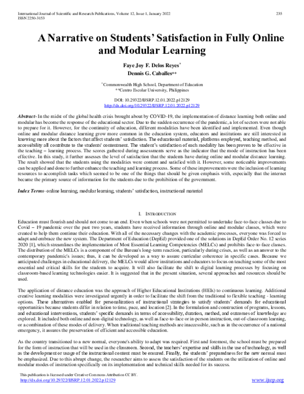 (PDF) A Narrative on Students’ Satisfaction in Fully Online and Modular ...