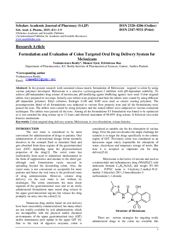 Pdf Formulation And Evaluation Of Colon Targeted Oral Drug Delivery System For Meloxicam