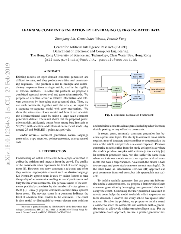 (PDF) Learning Comment Generation by Leveraging User-generated Data