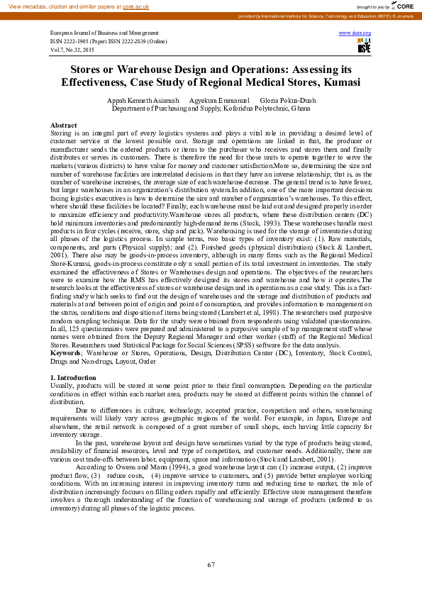 (PDF) Stores or Warehouse Design and Operations: Assessing its Effectiveness, Case Study of ...