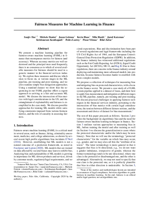 (PDF) Fairness Measures for Machine Learning in Finance