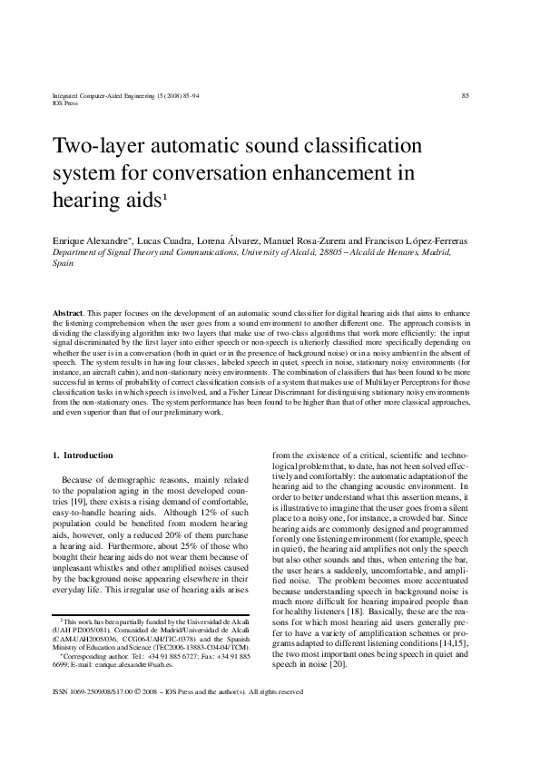 (PDF) Two-layer automatic sound classification system for conversation enhancement in hearing aids1