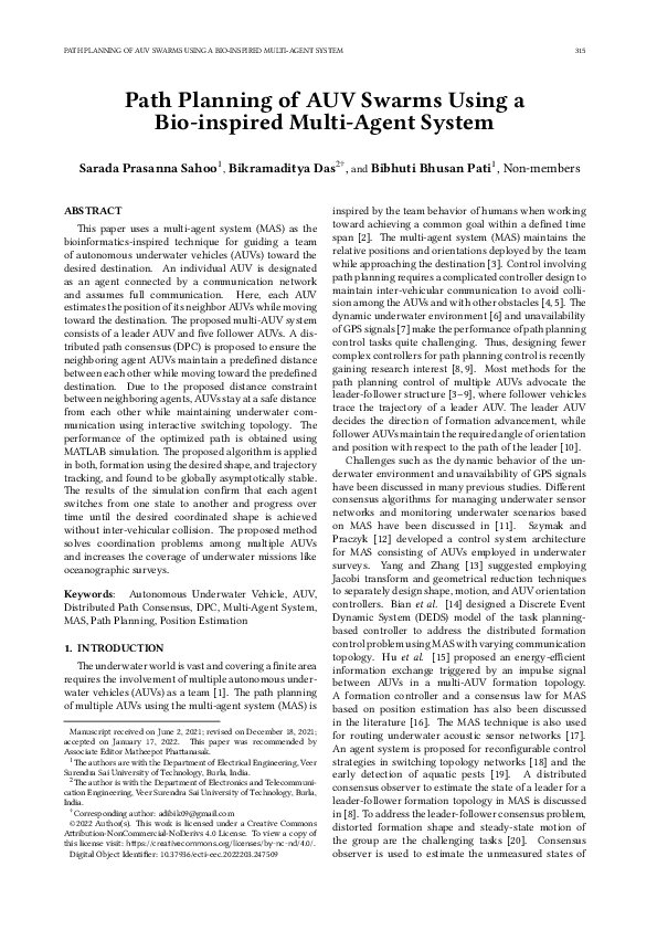 (PDF) Path Planning of AUV Swarms Using a Bio-inspired Multi-Agent System
