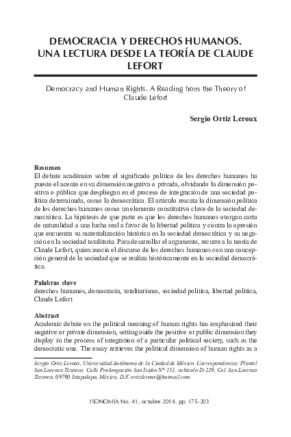 (PDF) Democracia y derechos humanos. Una lectura desde la teoría de Claude Lefort