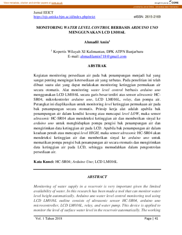 (PDF) Monitoring Water Level Control Berbasis Arduino Uno Menggunakan LCD LM016L