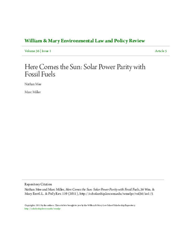 (PDF) Here Comes the Sun: Solar Power Parity With Fossil Fuels