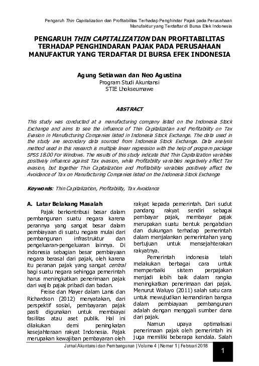 (PDF) Pengaruh Thin Capitalization Dan Profitabilitas Terhadap Penghindaran Pajak Pada ...