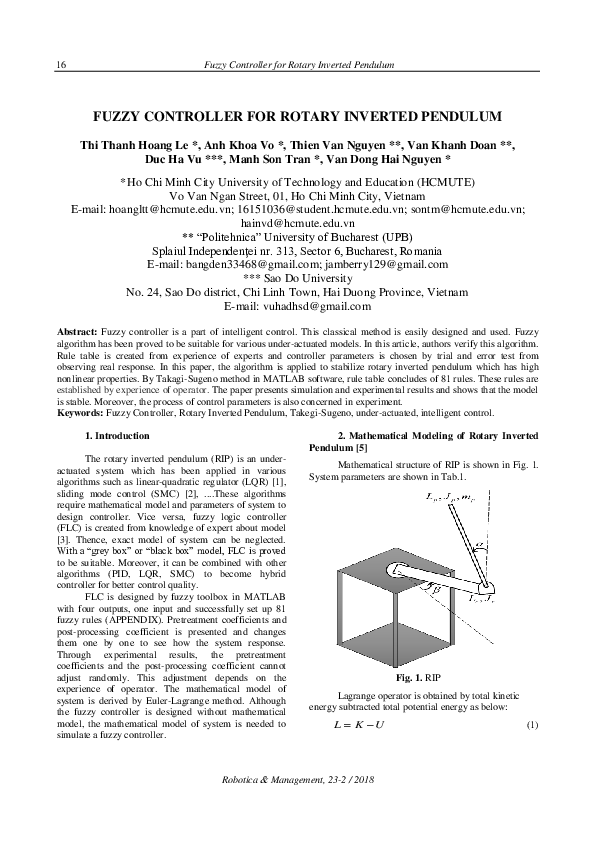 Pdf Fuzzy Controller For Rotary Inverted Pendulum 1970