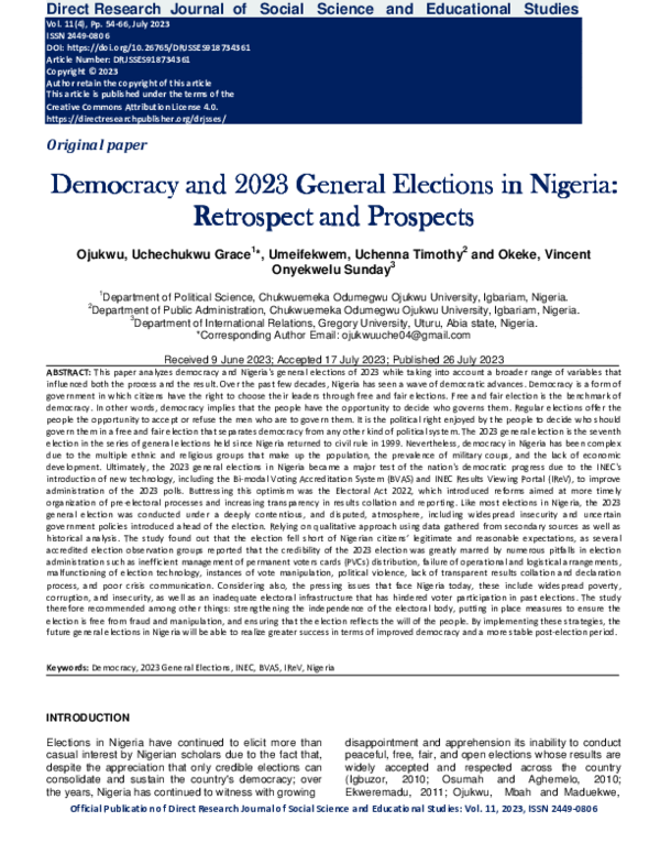 (PDF) Democracy and 2023 General Elections in Nigeria: Retrospect and Prospects