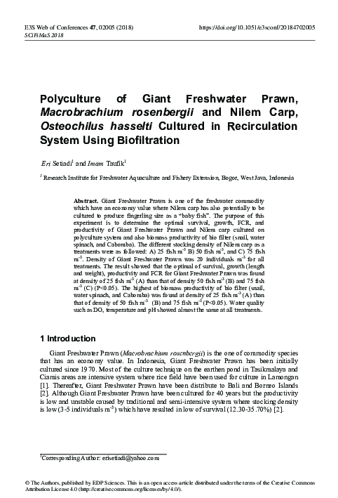 (PDF) Polyculture of Giant Freshwater Prawn, Macrobrachium rosenbergii ...